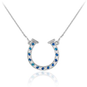 14k white gold diamond & blue sapphire good luck charm horseshoe necklace, 16"