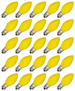 box of 25 light bulbs - opaque yellow, steady burning, 7 watt, c7 -e12 candelabra base -great for night lights, decorative lights and christmas strings