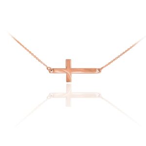 14k rose gold classic horizontal/sideways cross necklace on rolo chain - 16"