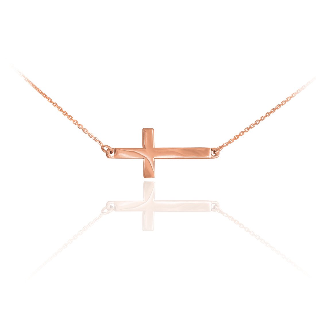 14k Rose Gold Classic Horizontal/Sideways Cross Necklace on Rolo Chain - 16"