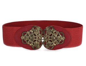 allegra k ladies metal symmetric flower interlock buckle textured elastic cinch belt red-1 buckle-2