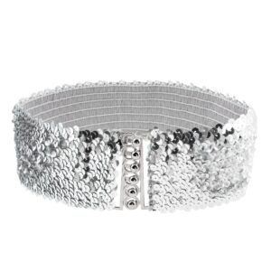 allegra k woman sequin detail 7cm wide textured strentchy waist cinch belt waistbelt silver tone one size