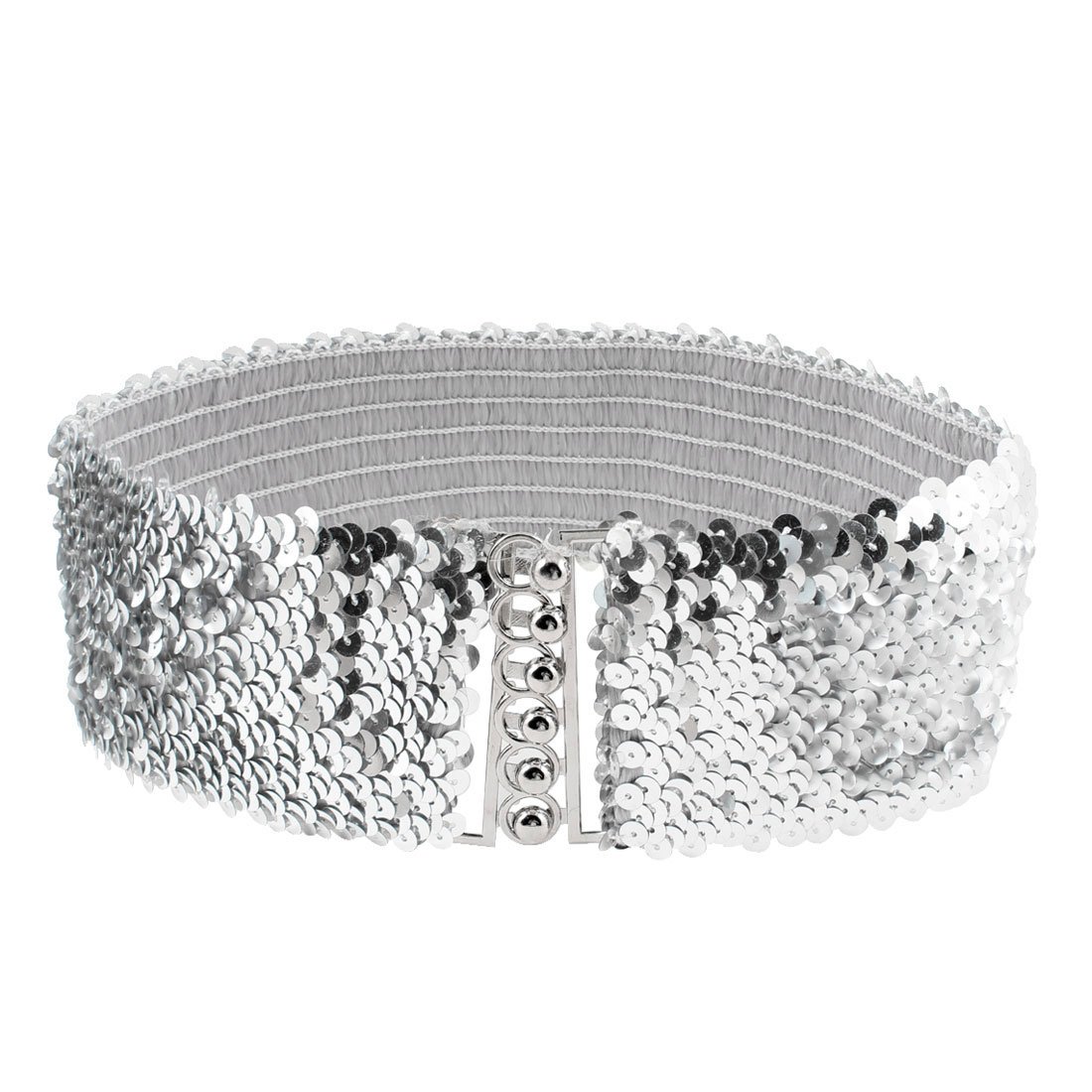 Allegra K Woman Sequin Detail 7cm Wide Textured Strentchy Waist Cinch Belt Waistbelt Silver Tone One Size