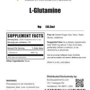 BulkSupplements.com L-Glutamine Powder - Glutamine Supplement, L-Glutamine 5000mg, L Glutamine Powder - Unflavored & Gluten Free, 5000mg per Serving, 1kg (2.2 lbs) (Pack of 1)