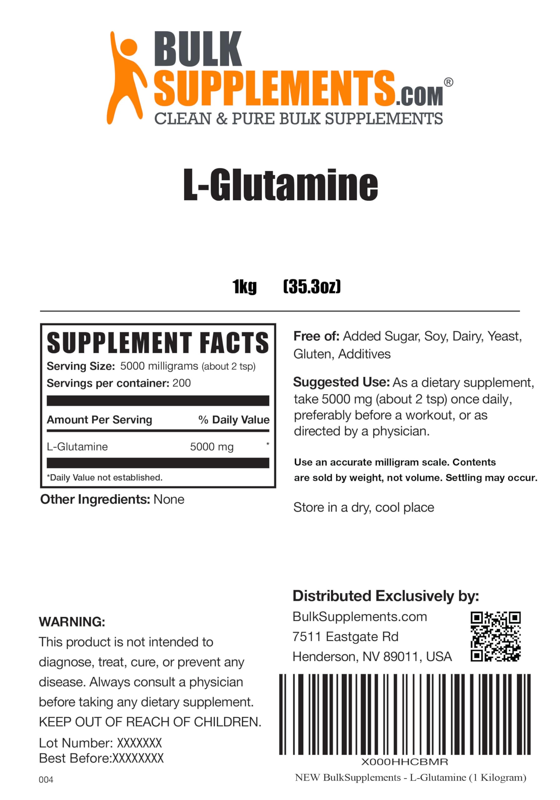 BulkSupplements.com L-Glutamine Powder - Glutamine Supplement, L-Glutamine 5000mg, L Glutamine Powder - Unflavored & Gluten Free, 5000mg per Serving, 1kg (2.2 lbs) (Pack of 1)