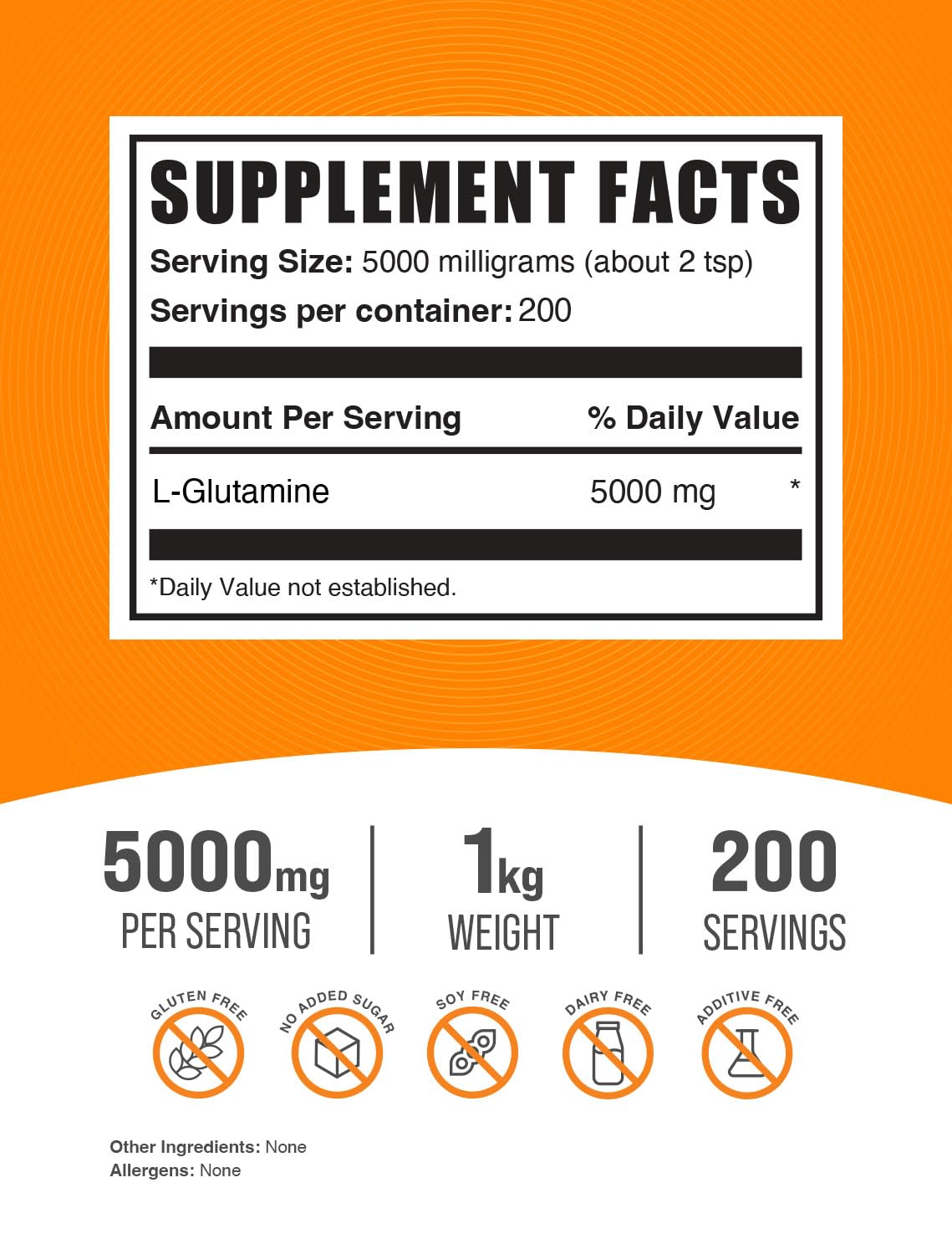 BulkSupplements.com L-Glutamine Powder - Glutamine Supplement, L-Glutamine 5000mg, L Glutamine Powder - Unflavored & Gluten Free, 5000mg per Serving, 1kg (2.2 lbs) (Pack of 1)