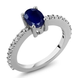 gem stone king 925 sterling silver blue sapphire and white created sapphire women's engagement ring (1.32 cttw, oval 7x5mm, available in size 5,6,7,8,9)