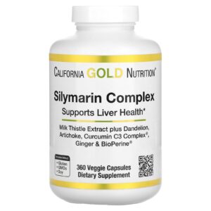 silymarin liver health complex, milk thistle extract with curcumin, artichoke, dandelion, ginger, black pepper, synergistic liver detox & cleanse support, 360 veggie capsules by california gold