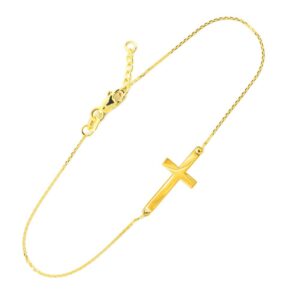 14k yellow gold sideways cross crucifix christian rolo chain bracelet with lobster claw clasp - adjustable 7-1/2" with 1/2" extender