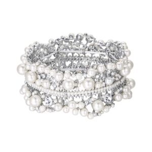 ever faith austrian crystal simulated pearl bridal flower stretch bracelet clear silver-tone