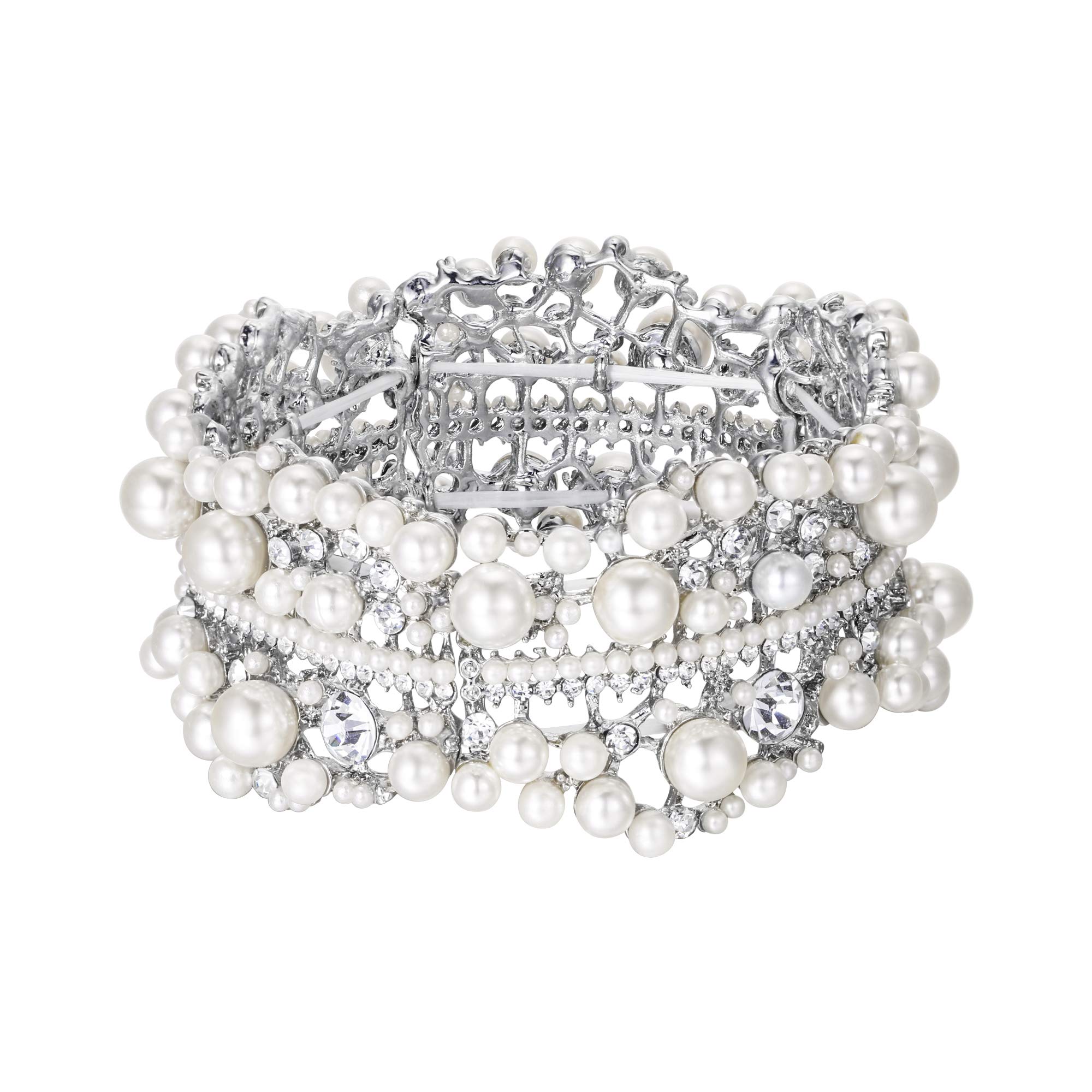 EVER FAITH Austrian Crystal Simulated Pearl Bridal Flower Stretch Bracelet Clear Silver-Tone