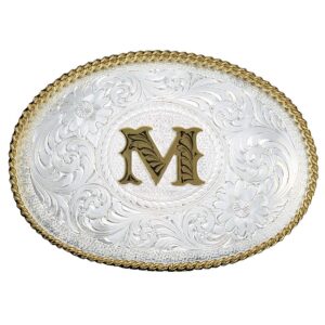 montana silversmith "m" silver engraved gold trim western belt buckle - 700m