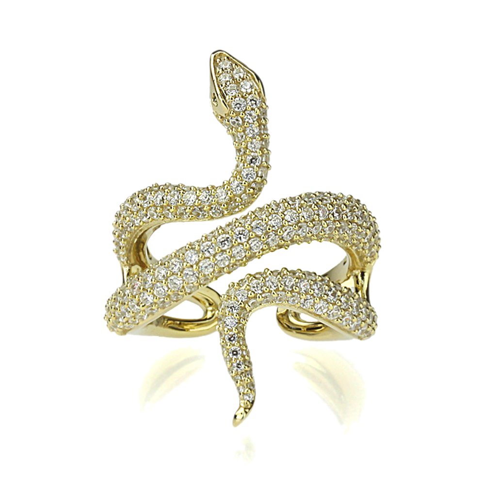 DoubleAccent 14K Yellow Gold Plated Sterling Silver Fashion Ring Snake Design, 34mm Height with CZ (Size 6 to 8)