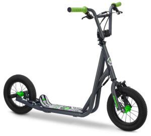 mongoose expo kick scooter, bmx-style handlebar & brake cable rotor, for riders ages 6 and up, rear axle pegs, 12-inch air tires, max. weight of 175 lbs., green/grey