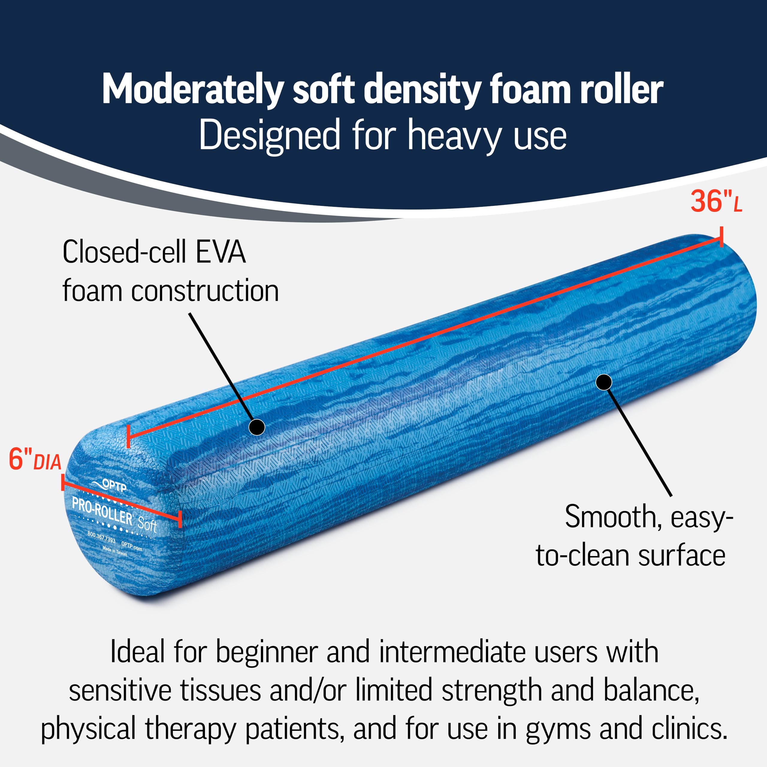 OPTP PRO-ROLLER Soft Density Foam Roller – Low Density Soft Foam Roller for Physical Therapy, Pilates Foam Roller and Yoga Foam Roll Exercises, and Muscle Recovery - Blue 36" x 6"