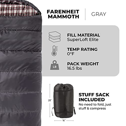 TETON Sports Fahrenheit Mammoth 0F/-18C Queen-Size Double Sleeping Bag; Warm and Comfortable; Double Sleeping Bag Great for Family Camping; Compression Sack Included Grey