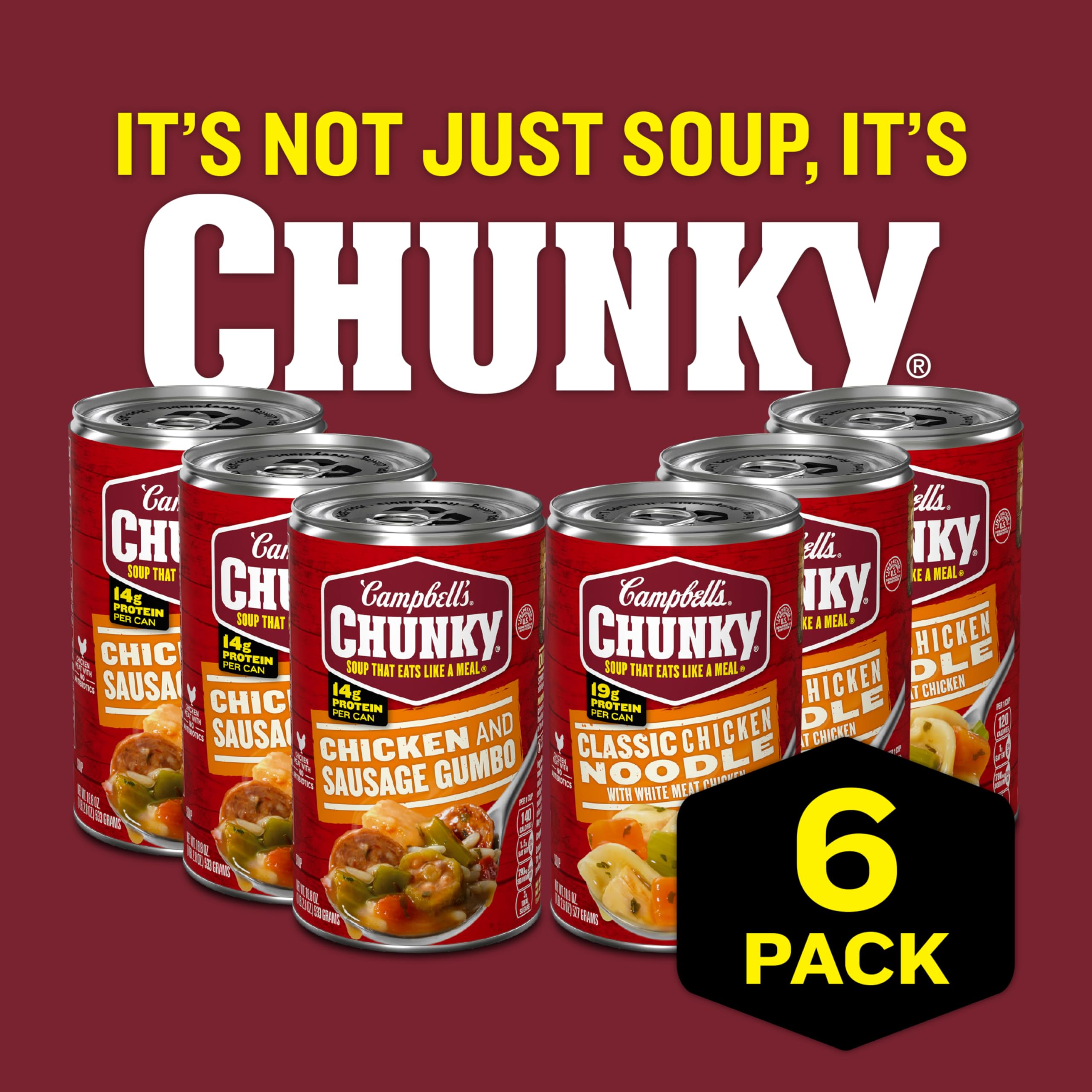 Campbell's Chunky Soup, Classic Chicken Noodle Soup and Chicken and Sausage Gumbo Variety, 18.8 and 18.6 Oz Cans (Case of 6)