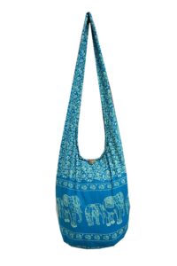 btp! elephant floral print sling crossbody shoulder bag purse hippie hobo thai cotton gypsy bohemian large (light blue eel3)