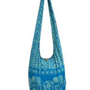 BTP! Elephant Floral Print Sling Crossbody Shoulder Bag Purse Hippie Hobo Thai Cotton Gypsy Bohemian Large (Light Blue EEL3)