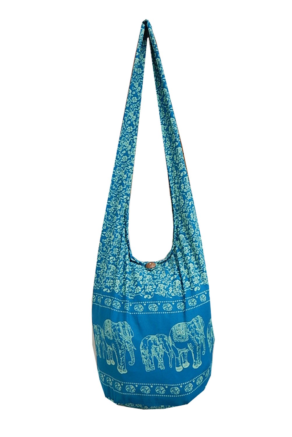 BTP! Elephant Floral Print Sling Crossbody Shoulder Bag Purse Hippie Hobo Thai Cotton Gypsy Bohemian Large (Light Blue EEL3)