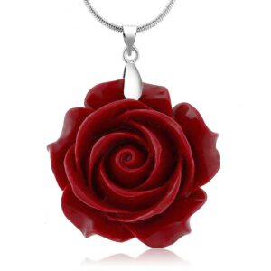 gem stone king 35mm red simulated coral carved rose flower pendant with 16 inch + 2 inch extender chain