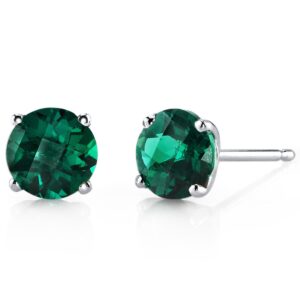 peora solid 14k white gold created emerald solitaire stud earrings for women, hypoallergenic 1.50 carats total round shape aaa grade, may birthstone, friction backs