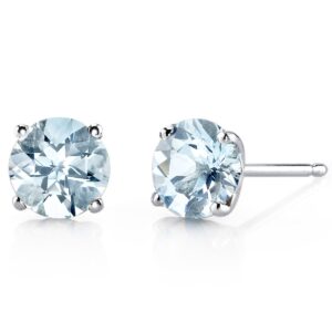 peora solid 14k white gold aquamarine stud earrings for women, natural gemstone birthstone classic solitaire round shape, 6mm, 1.50 carats total, friction back