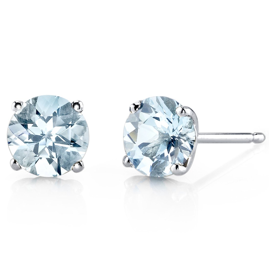 Peora Solid 14K White Gold Aquamarine Stud Earrings for Women, Natural Gemstone Birthstone Classic Solitaire Round Shape, 6mm, 1.50 Carats total, Friction Back