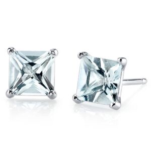 peora solid 14k white gold aquamarine stud earrings for women, genuine gemstone birthstone solitaire princess cut, 6mm, 1.75 carats total, friction back