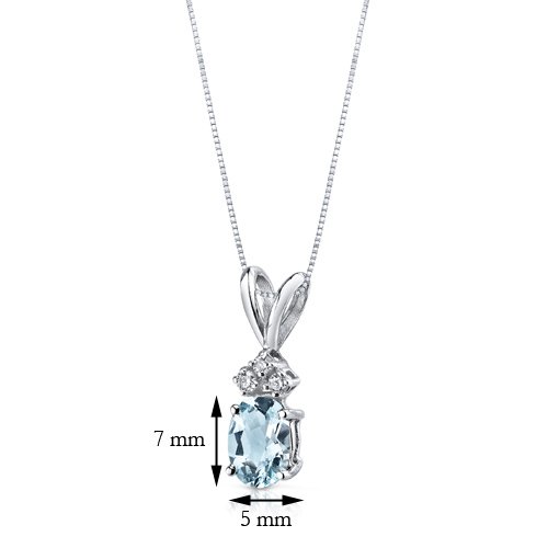 PEORA Solid 14K White Gold Aquamarine and Diamonds Pendant for Women, Genuine Gemstone Birthstone Dainty Solitaire, Oval Shape, 7x5mm