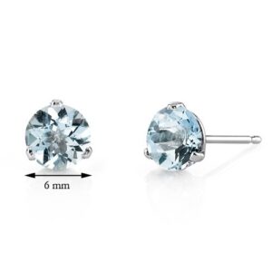 Peora Solid 14K White Gold Aquamarine Martini Solitaire Stud Earrings for Women, 1.50 Carat total, Round Shape 6mm, AAA Grade, March Birthstone, Hypoallergenic, Friction Back