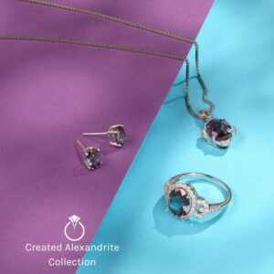 Peora Solid 14K White Gold Created Alexandrite Earrings for Women, Color-changing Solitaire Studs, Round Shape 2 Carats total, AAA Grade Friction Back