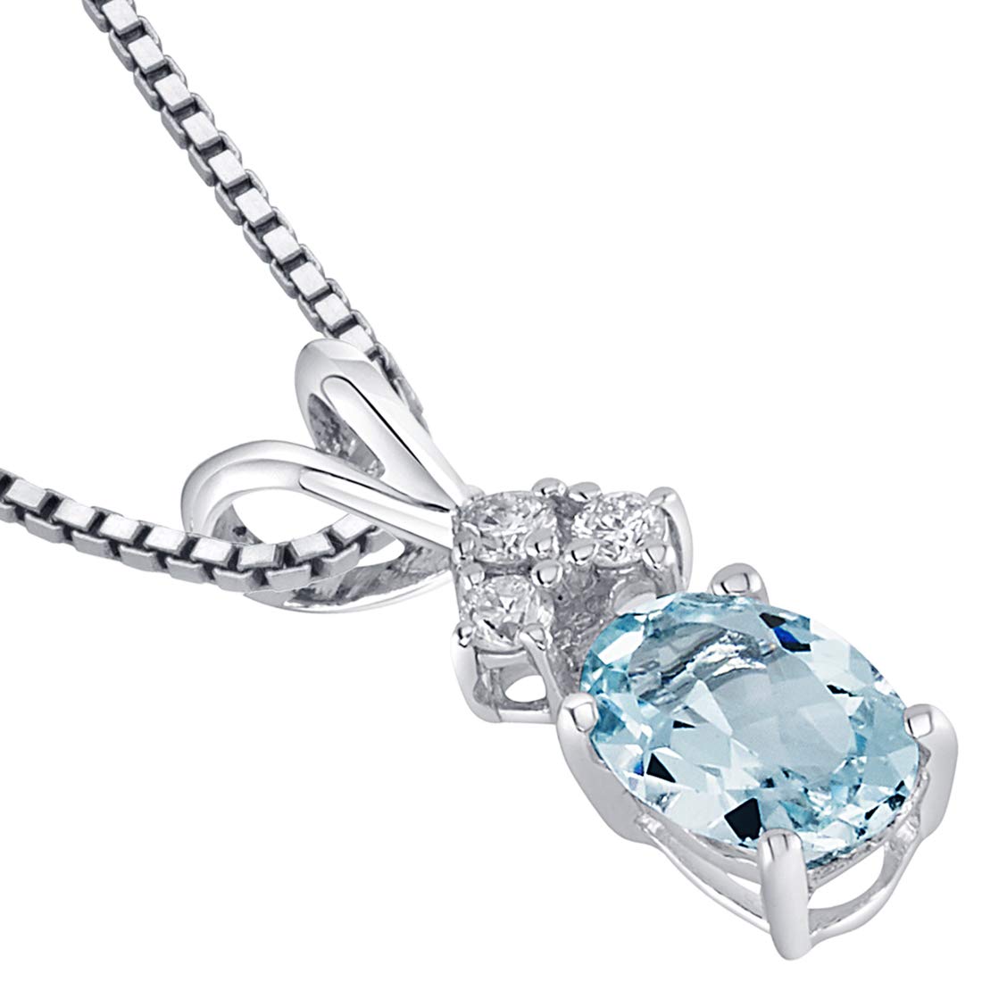 PEORA Solid 14K White Gold Aquamarine and Diamonds Pendant for Women, Genuine Gemstone Birthstone Dainty Solitaire, Oval Shape, 7x5mm