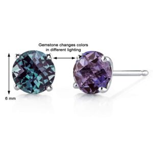 Peora Solid 14K White Gold Created Alexandrite Earrings for Women, Color-changing Solitaire Studs, Round Shape 2 Carats total, AAA Grade Friction Back