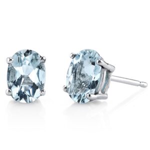 peora 14k white gold aquamarine earrings for women, genuine gemstone birthstone classic solitaire studs, 7x5mm oval shape, 1.25 carats total, friction back