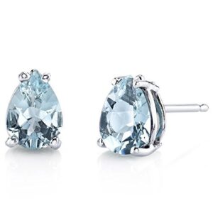 peora solid 14k white gold aquamarine earrings for women, genuine gemstone birthstone teardrop solitaire studs, 1 carat total pear shape 7x5mm, friction backs