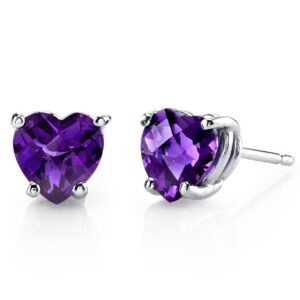 peora solid 14k white gold amethyst heart stud earrings for women, 1.50 carats total genuine gemstone birthstone classic solitaire studs, friction back