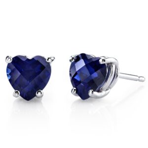 peora solid 14k white gold created blue sapphire heart stud earrings for women, classic solitaire studs, 6mm, 2.30 carats total, friction back