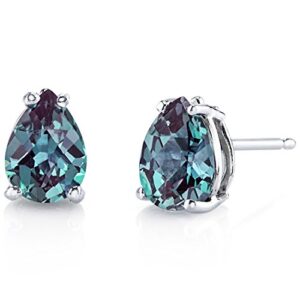 peora created alexandrite earrings for women 14k white gold, classic solitaire teardrop studs, color-changing pear shape 7x5mm, 1.75 carats total, friction back