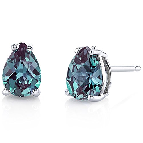 Peora Created Alexandrite Earrings for Women 14K White Gold, Classic Solitaire Teardrop Studs, Color-Changing Pear Shape 7x5mm, 1.75 Carats total, Friction Back