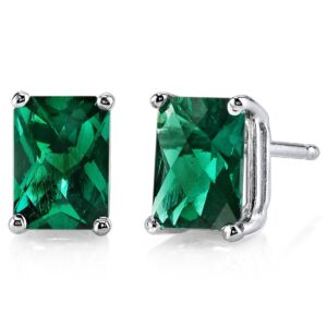 peora solid 14k white gold created emerald earrings for women, hypoallergenic solitaire studs, 7x5mm radiant cut, 1.75 carats total, friction back