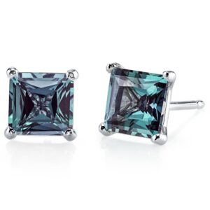 peora solid 14k white gold 2.50 carats created alexandrite stud earrings for women, color-changing solitaire princess cut 6mm, friction back