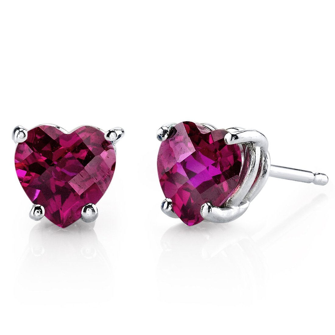 Peora Solid 14K White Gold Created Ruby Heart Stud Earrings for Women, Classic Solitaire Studs, 6mm, 2 Carats total, Friction Back