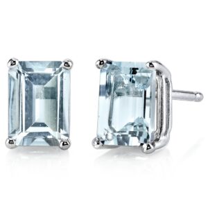 peora solid 14k white gold blue aquamarine earrings for women, genuine gemstone birthstone solitaire studs, 7x5mm emerald cut, 1.75 carats total, friction back