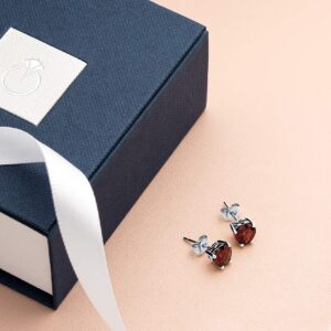 Peora Solid 14K White Gold Garnet Heart Stud Earrings for Women, Genuine Gemstone Birthstone Solitaire Studs, 6mm, 1.75 Carats total, Friction Back