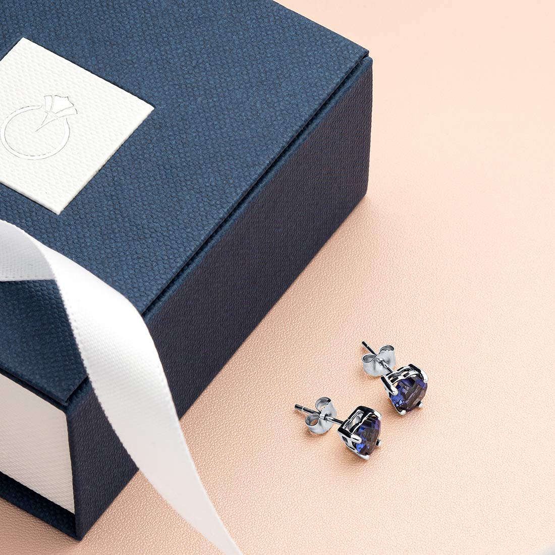 Peora Solid 14K White Gold Created Blue Sapphire Heart Stud Earrings for Women, Classic Solitaire Studs, 6mm, 2.30 Carats total, Friction Back