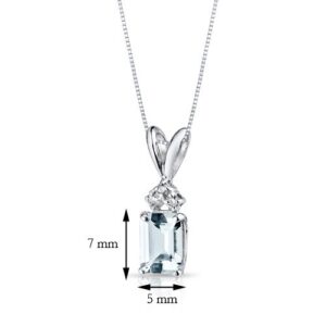 PEORA Solid 14K White Gold Aquamarine with Diamond Pendant for Women, Genuine Gemstone Birthstone Solitaire, Emerald Cut, 7x5mm