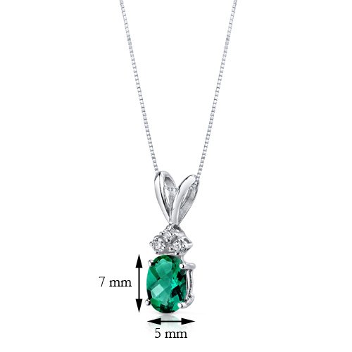 PEORA Created Emerald with Genuine Diamonds Pendant in 14 Karat White Gold, Dainty Solitaire, Oval Shape, 7x5mm