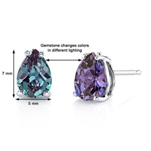 Peora Created Alexandrite Earrings for Women 14K White Gold, Classic Solitaire Teardrop Studs, Color-Changing Pear Shape 7x5mm, 1.75 Carats total, Friction Back