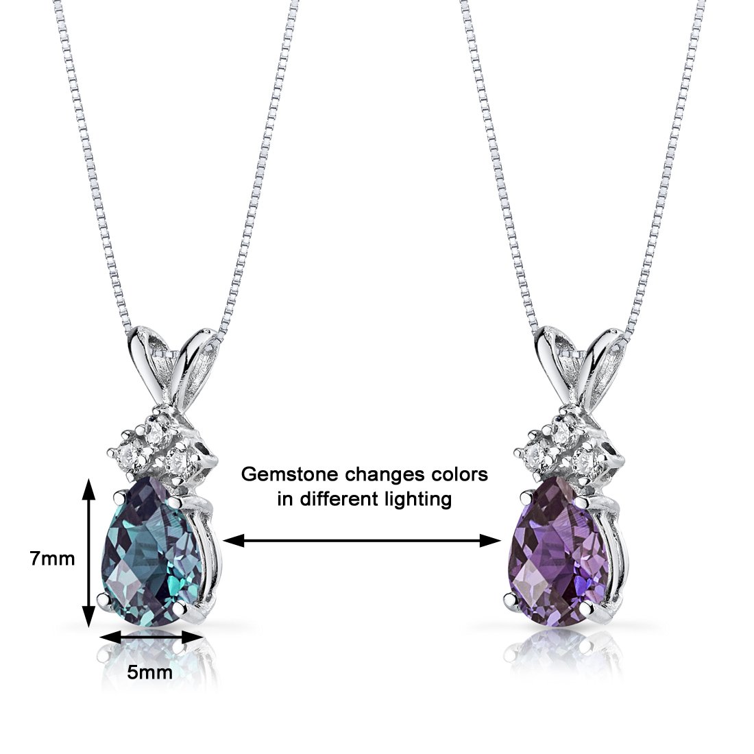 PEORA Created Alexandrite with Genuine Diamonds Pendant for Women 14K White Gold, Color-Changing Pear Shape, 7x5mm, 1 Carat total